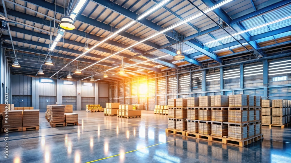 Modern industrial warehouse with rows of loading docks, crates, and ...