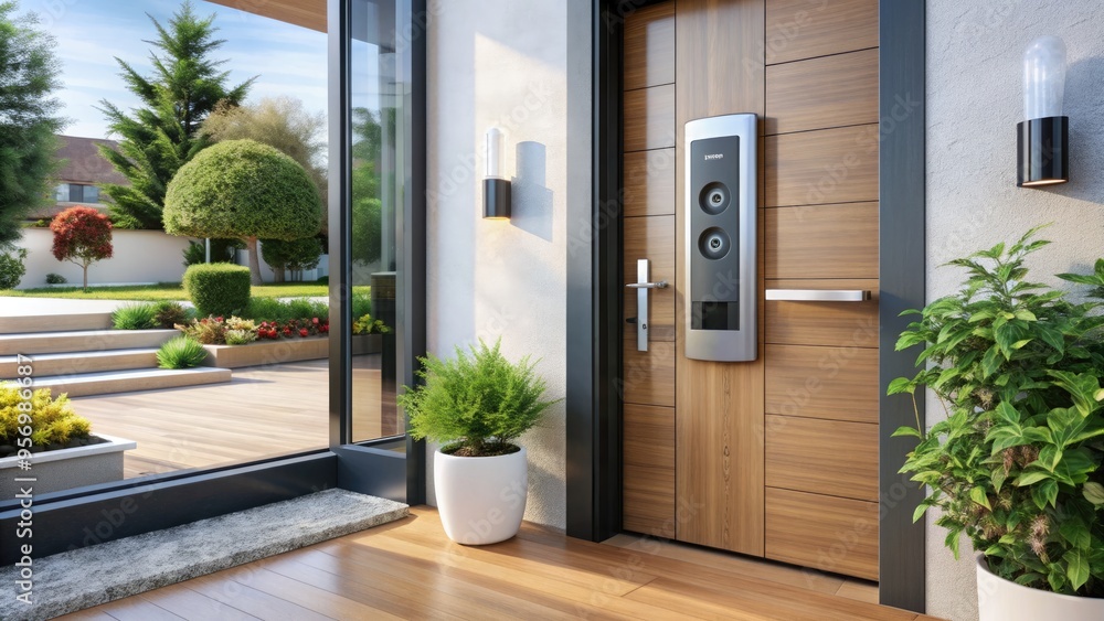 Modern smart door equipped with advanced sensor technology and alarm ...
