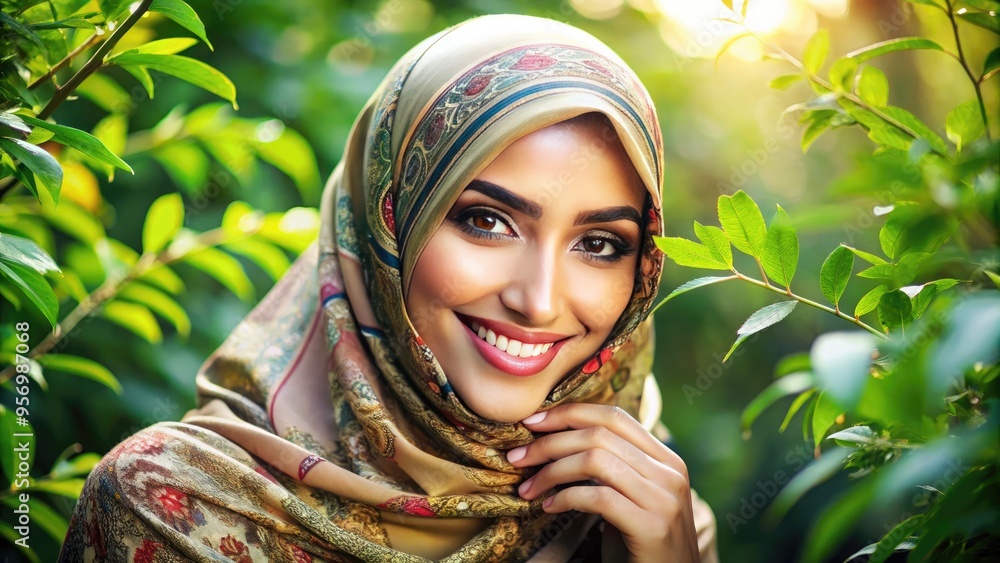 Beautiful young woman with warm, golden-brown skin and vibrant hijab ...