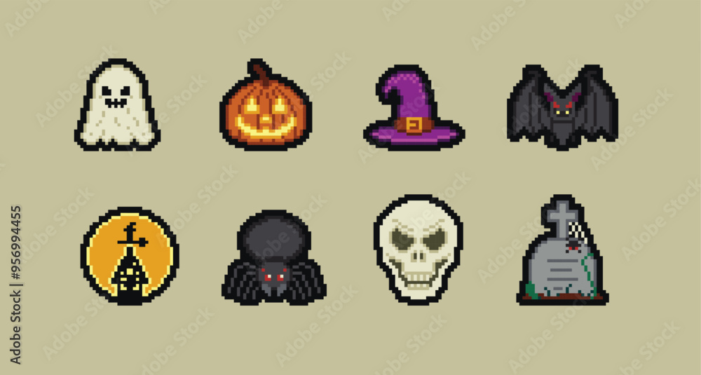 Pixel Art Cartoon Halloween icons and objects. 8-bit pixel game ... Pixel Art Cartoon Halloween icons and objects. 8-bit pixel game ...