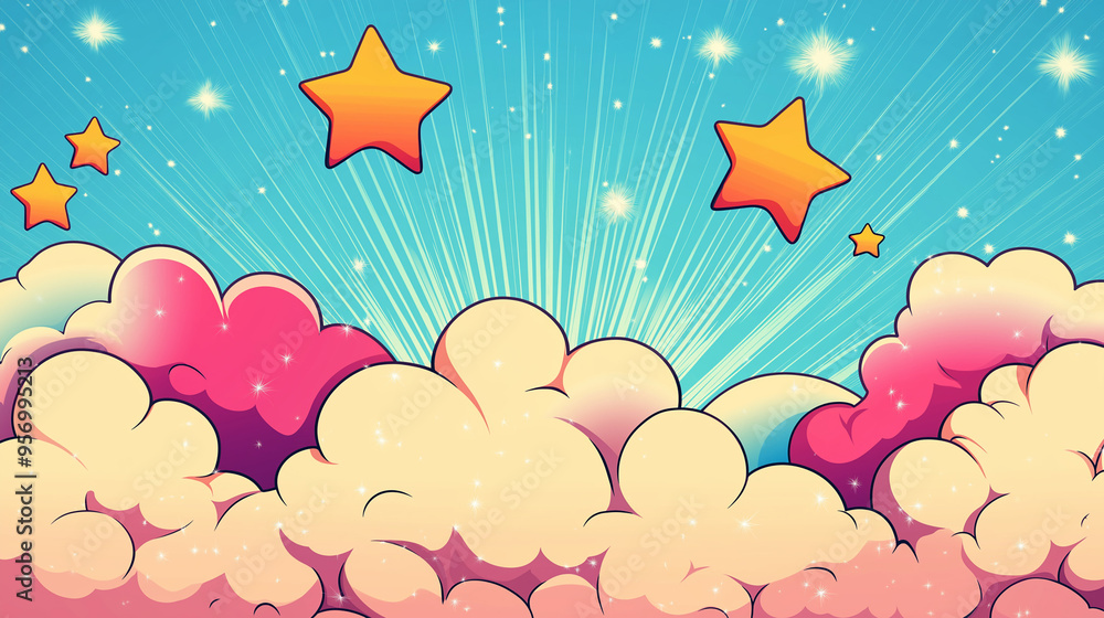 Pop art stars and fluffy clouds. Blue sky background in pop art retro ...