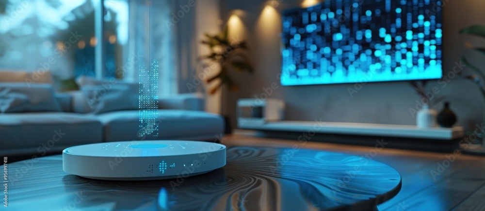 Futuristic 3D rendering of a home scene with a wireless router and ...