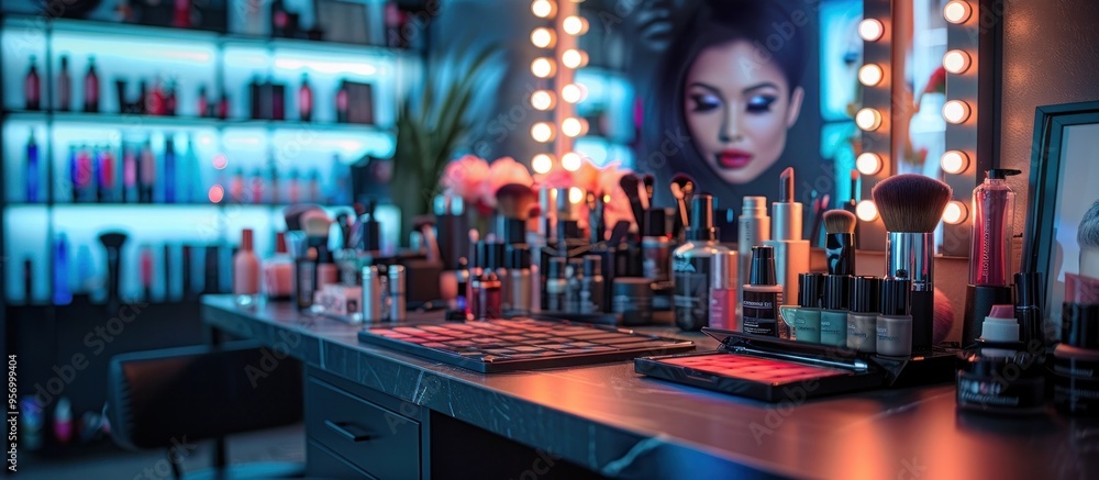 Overhead view of a makeup vanity table showcasing an array of ...