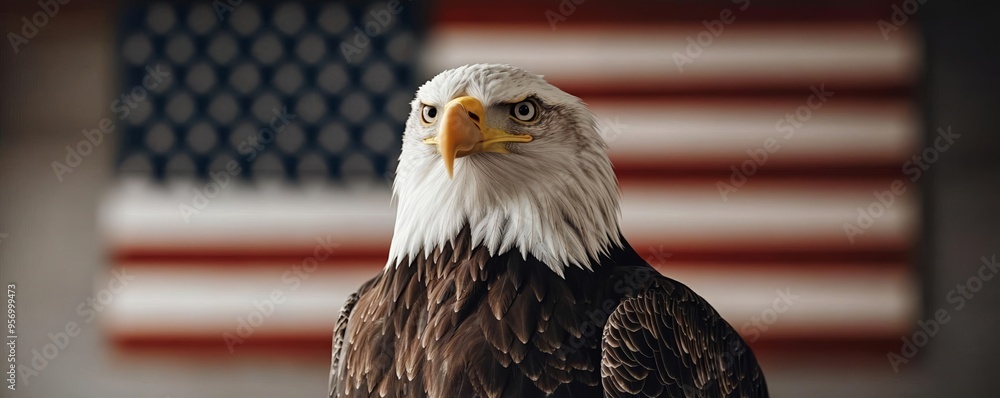 Close-up of bald eagle with intense gaze, American flag billowing ...