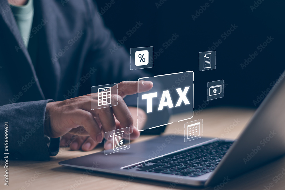 Finance or income to calculate tax online concept, man tapping on ...