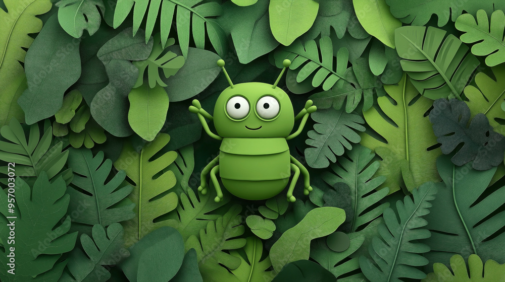 Illustration of a cute green cartoon bug with big eyes and antennae ...