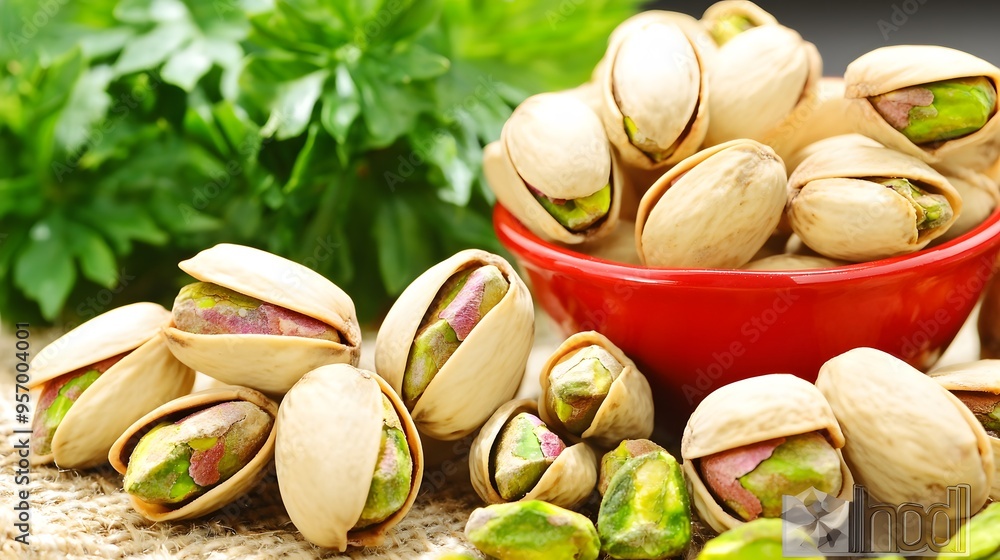 A pistachio nut being used as a prop in a still life composition, with ...