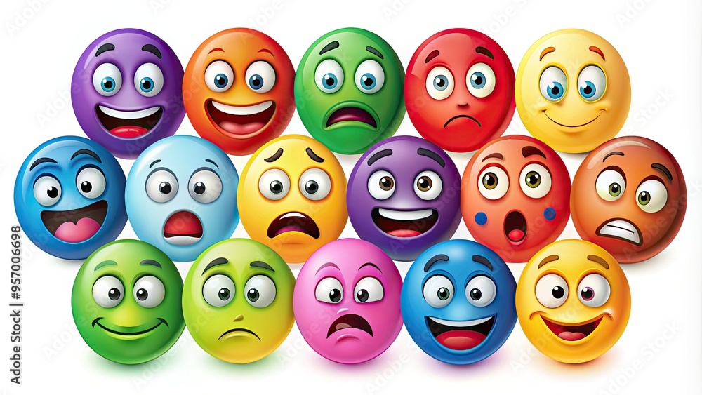 Stylized vector illustration of a range of colorful faces expressing ...