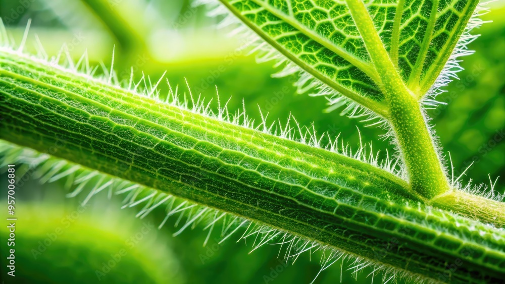 Delicate, intricate details of a fresh green plant stem featuring tiny ...