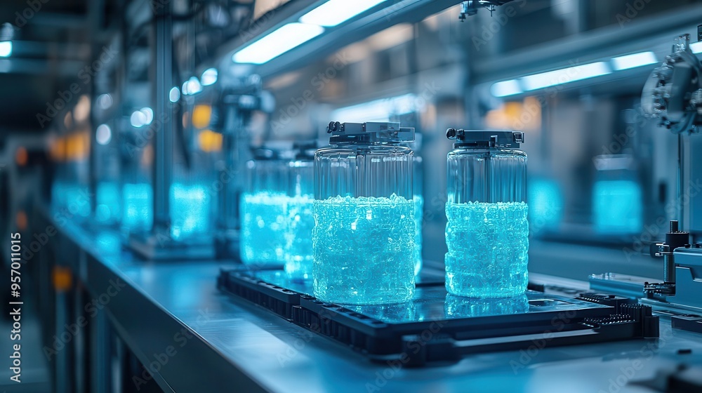 futuristic 3d printing lab with multiple printers creating intricate white models bathed in cool ...