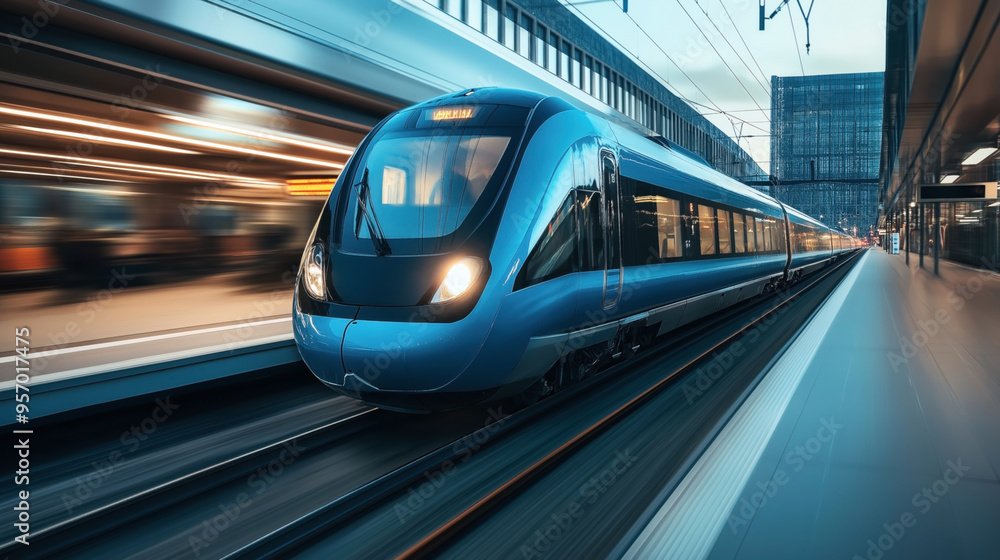 A modern, blue high-speed train speeding through a station with blurred ...