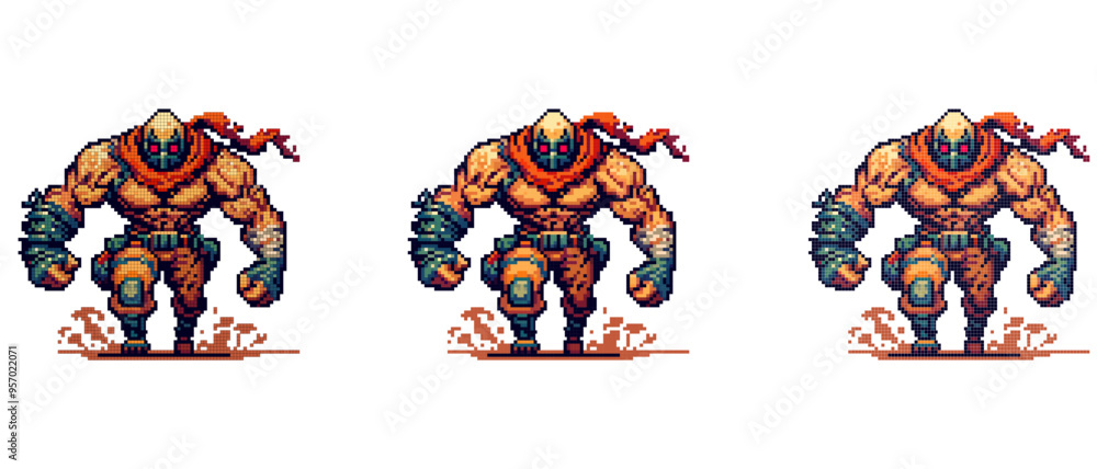 Dynamic pixel art illustration of a strong, masked warrior adorned with ...