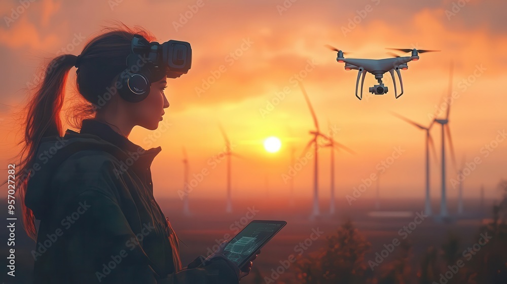 Show a striking scene of AI-driven drones transmitting real-time data ...