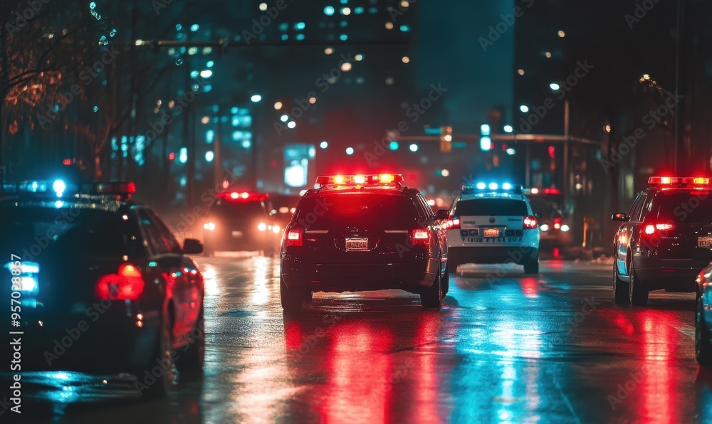 police cars with flashing lights during an emergency call at night ...