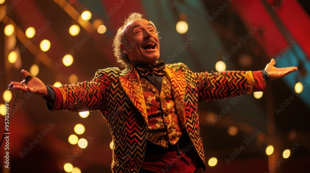 Poster A circus ringmaster wearing a jacket with zigzag patterns ...