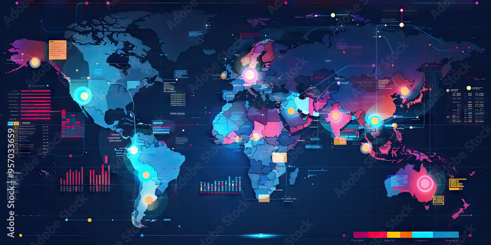 A map of the world with key economic indicators marked by color-coded ...