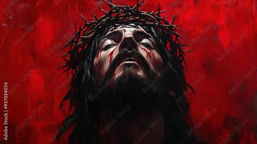 intense artistic portrait of jesus christ wearing the crown of thorns ...