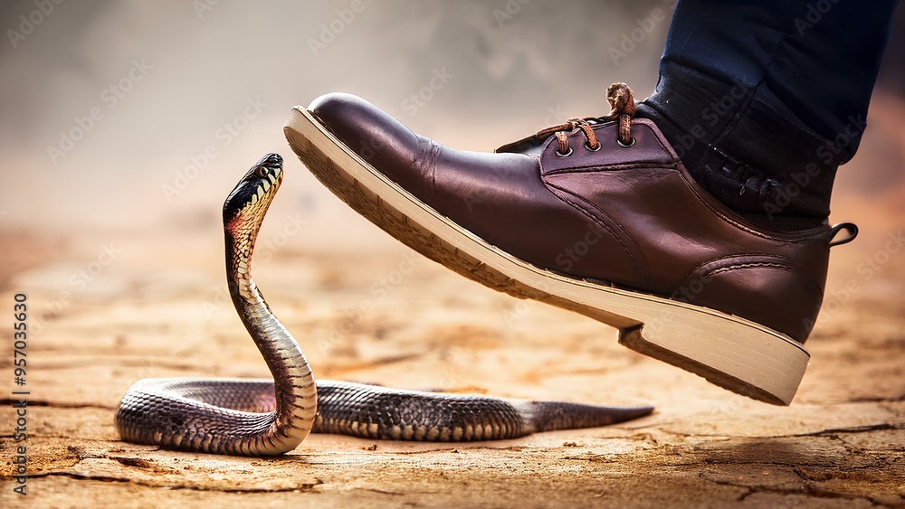 Step on a poisonous reptile. The foot steps on a crawling snake ...