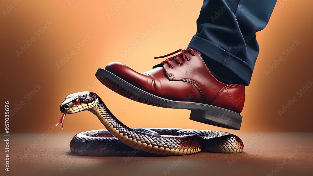 Step on a poisonous reptile. The foot steps on a crawling snake ...