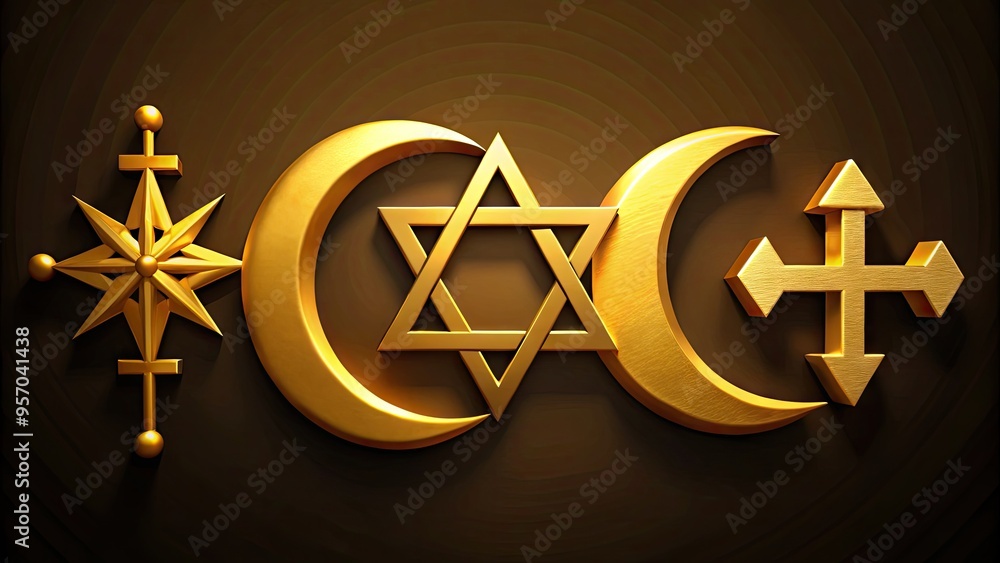 Golden sacred symbols of various faiths, including a Christian cross ...