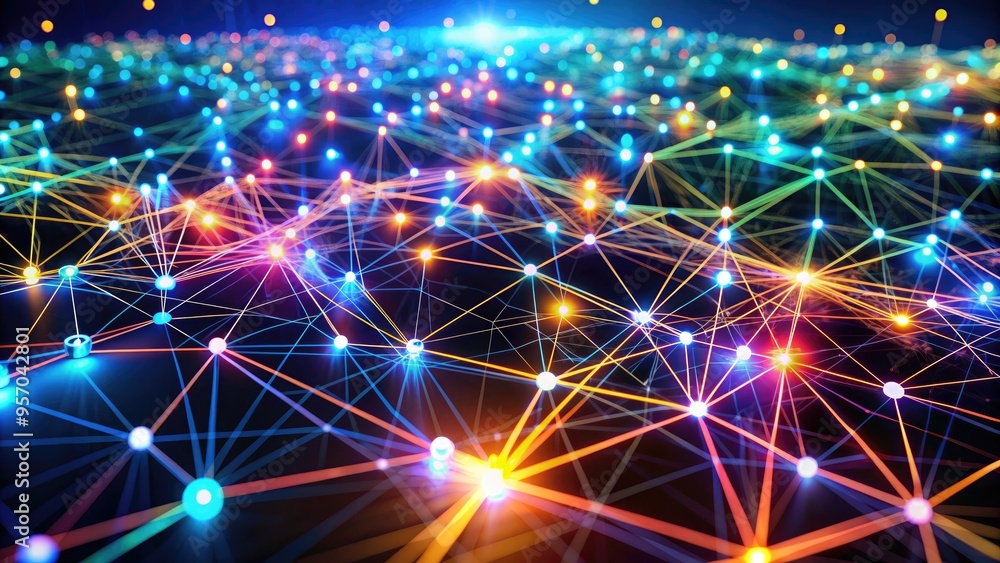 Vibrant 3D illustration of interconnected communication nodes, wires ...