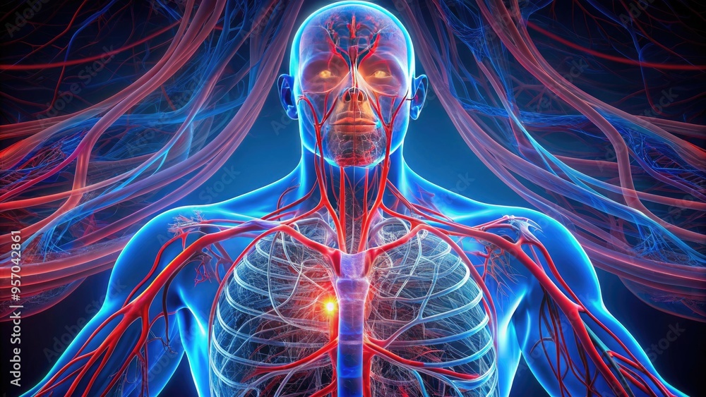 Vibrant 3D illustration of the human circulatory system, showcasing ...