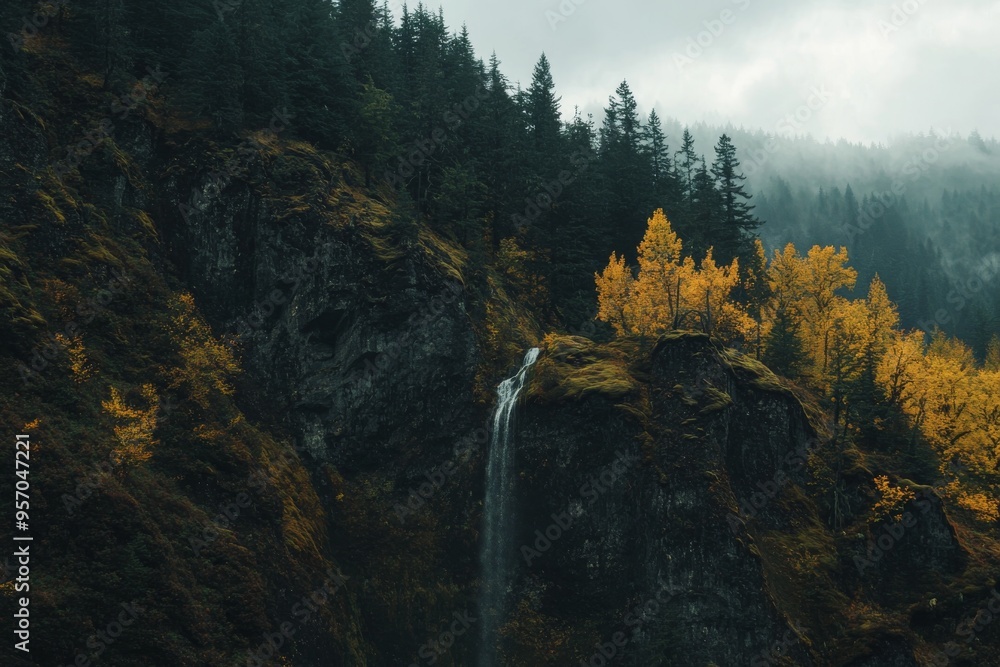 Stunning autumn forest landscape with waterfall and fall foliage at ...