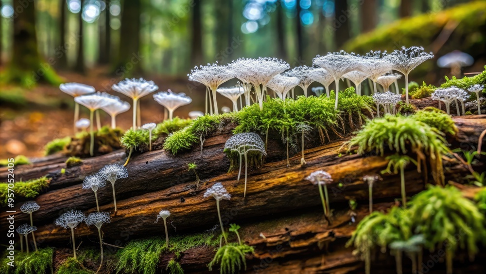 Intricate network of fine fungal hyphae sprawling across a mossy log ...