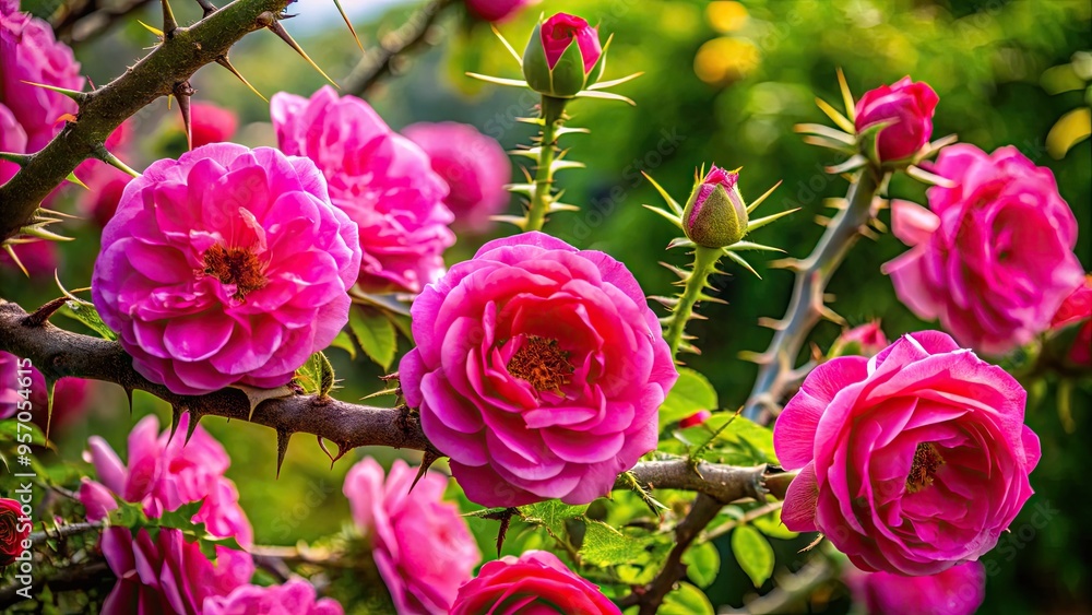 Lush, vibrant pink roses bloom amidst a tangled, prickly thorn-laden ...