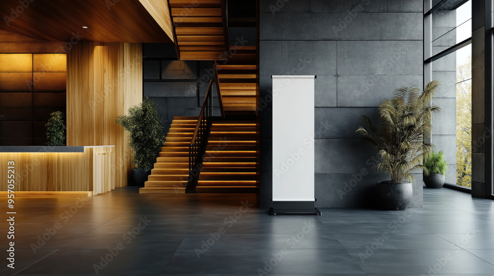 Modern interior of an office lobby with a wooden reception desk ...
