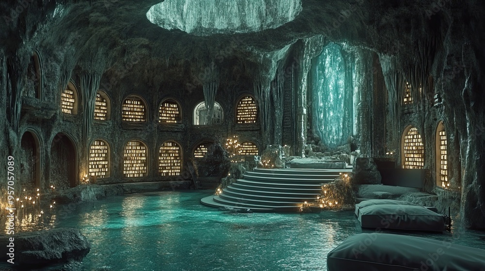 64. A subterranean library carved into a natural cave system, its walls ...