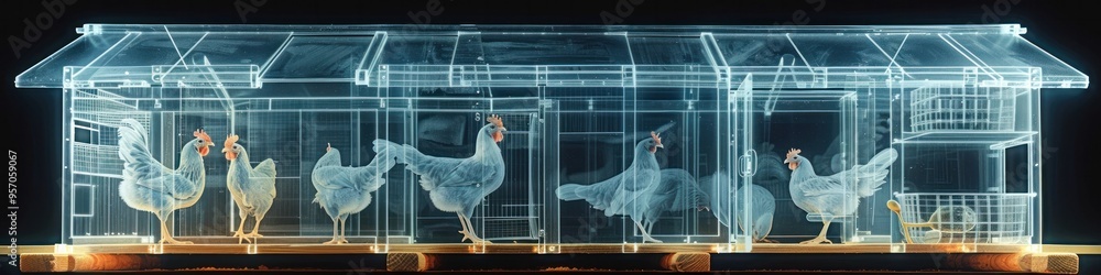 Futuristic blueprint design of a transparent chicken coop with wire ...