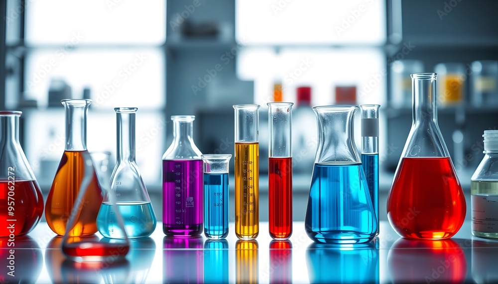 Several test tubes and solution beakers in a science laboratory with ...