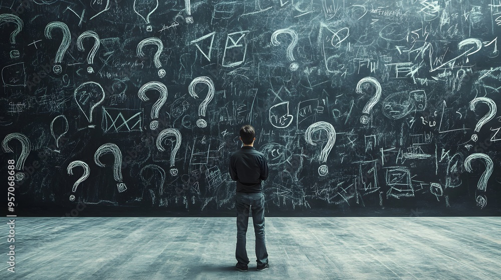 Person contemplating in front of a wall-sized blackboard with numerous ...