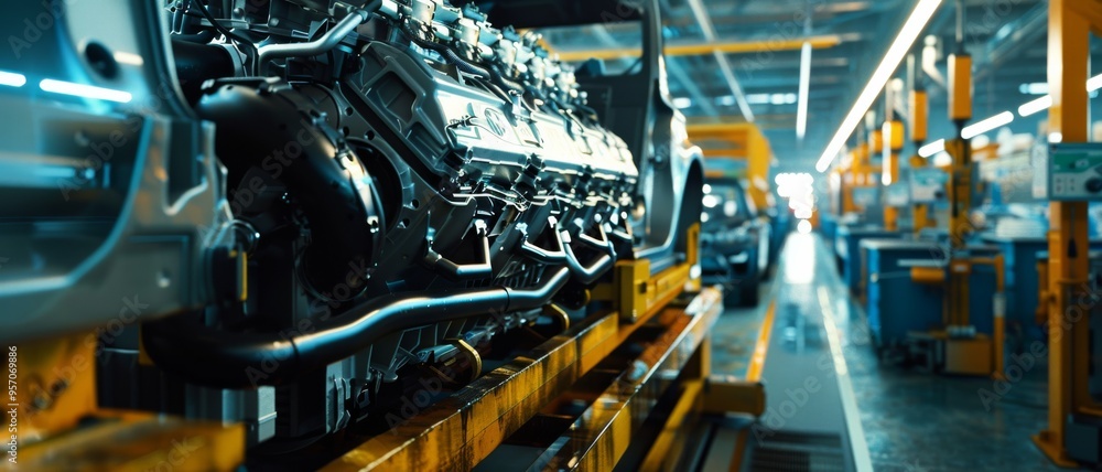 Industrial scene highlighting a car engine in assembly on a factory ...