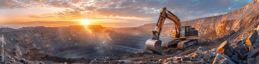 Excavator operating at sunrise in a rugged mountainous mining landscape ...