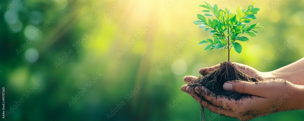 Human hands gently cradle a young tree with soil, symbolizing care and ...