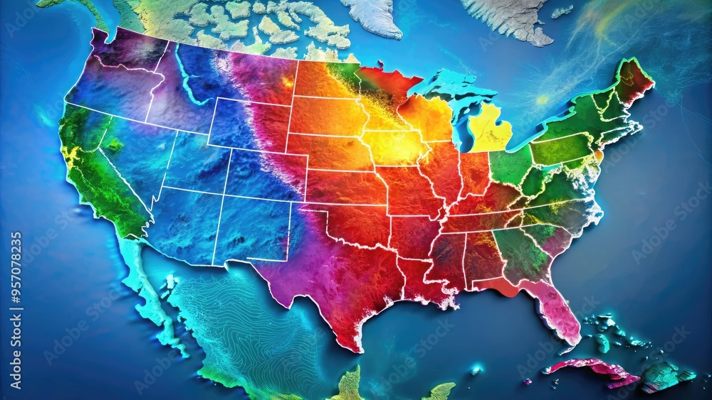 Vibrant digital map of North America with countries and states outlined ...