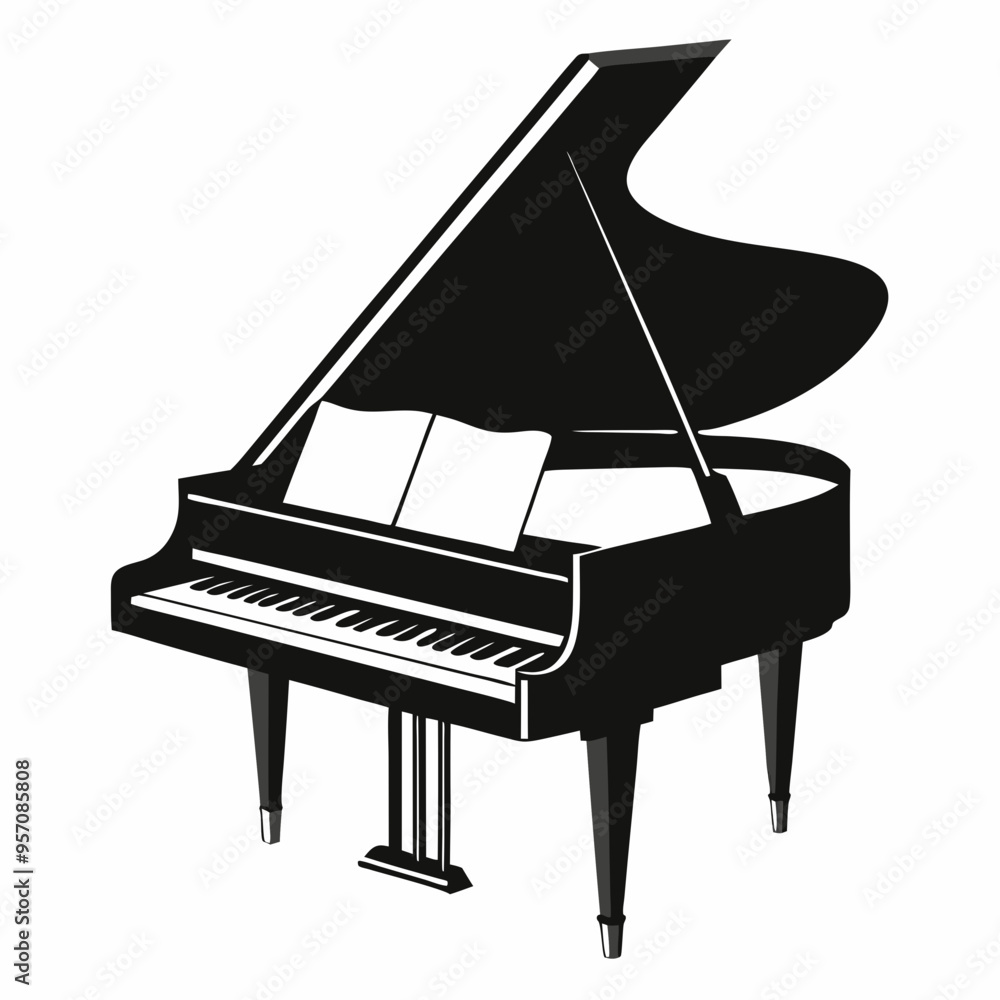 piano silhouette, a grand piano shape, grand piano and music notes ...