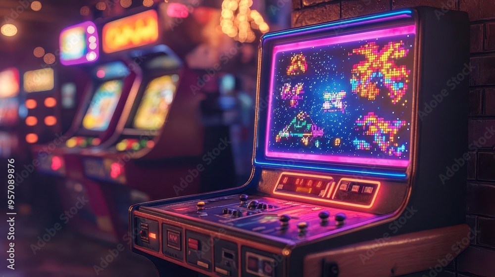 retro arcade cabinet with pixelated space invaders game on screen neon ...