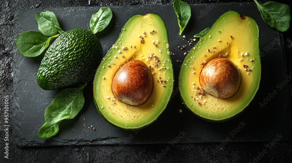 Flat Lay of halved avocados with the seed still in place on a black ...