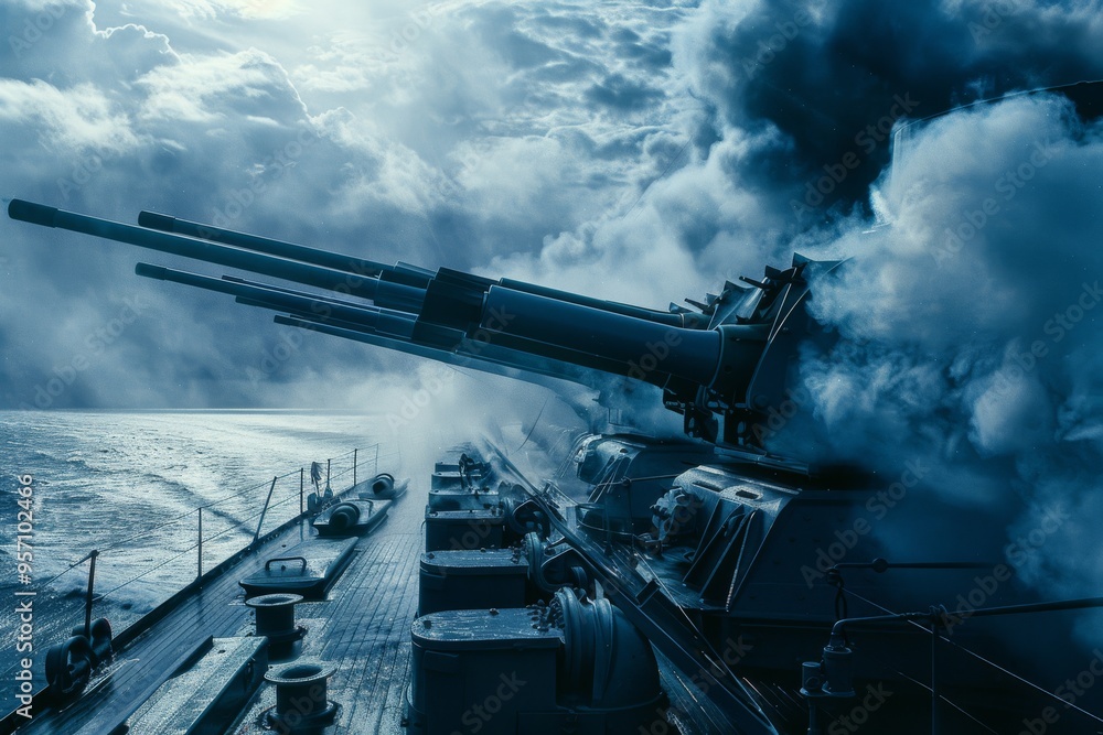 An antique naval battleship with large cannons releases a plume of ...