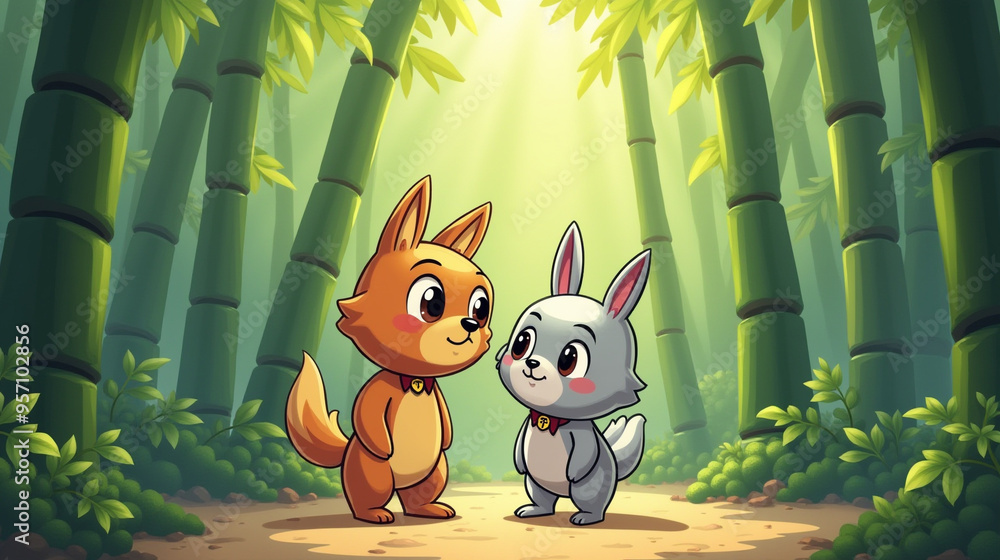 Cute fox and rabbit characters in bamboo forest. Stock Illustration ...