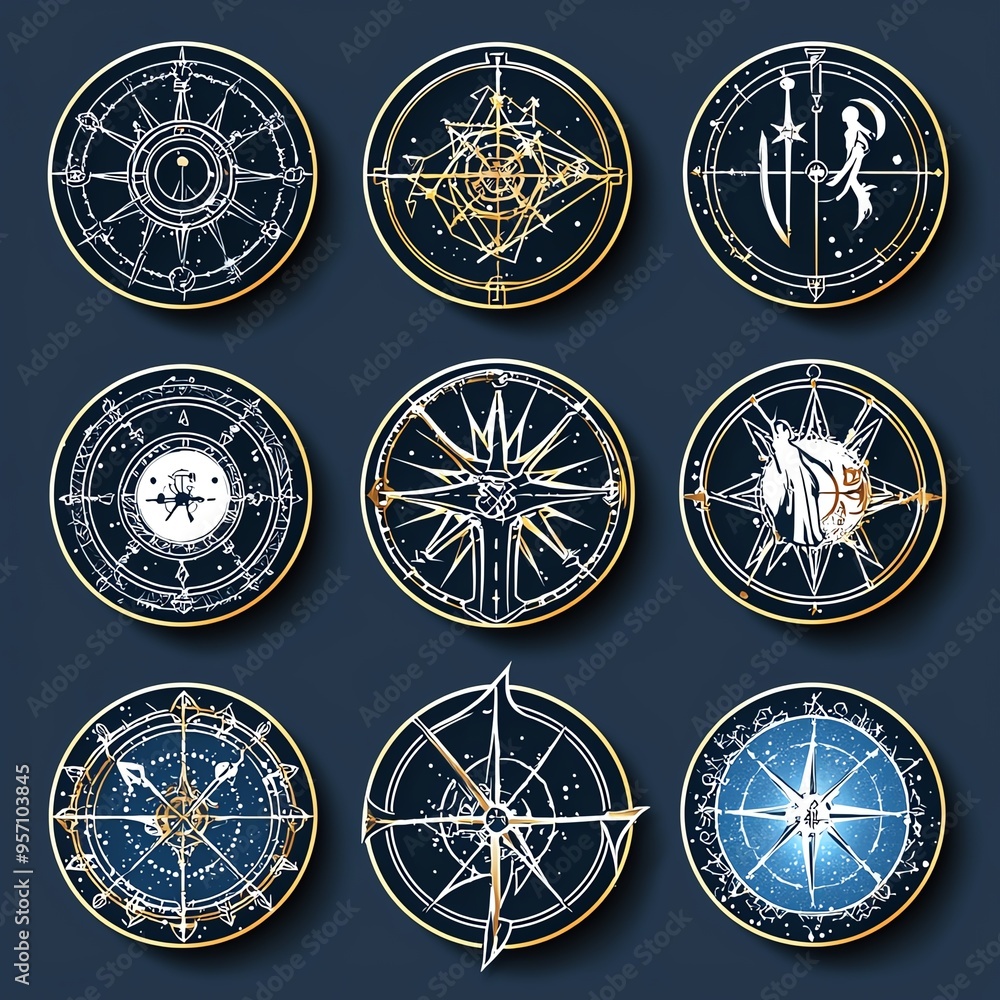 Intricate celestial designs showcasing astrological symbols and compass ...