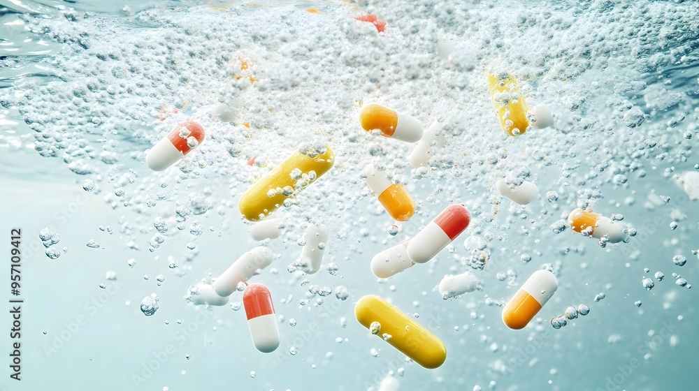 Vibrant Effervescent Vitamin Tablets Dissolving in Crystal Clear Pool ...