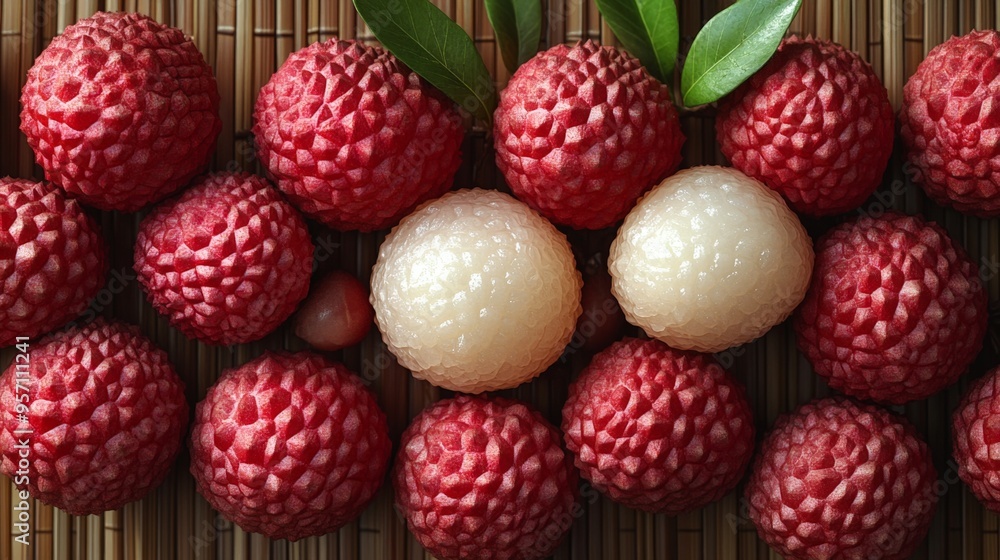 Flat Lay of lychees peeled and unpeeled on a bamboo mat, highlighting ...