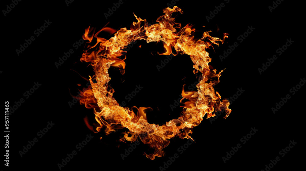 Perfect circle of intense and realistic fire, vivid and detailed flames ...