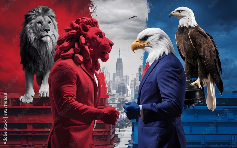 Political Face-Off Red Lion and Blue Eagle in a Tense Stand-Off ...
