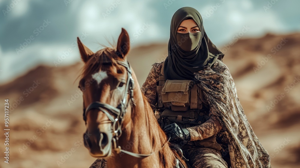 Beautiful Muslim woman soldier army warrior and veiled on horseback ...