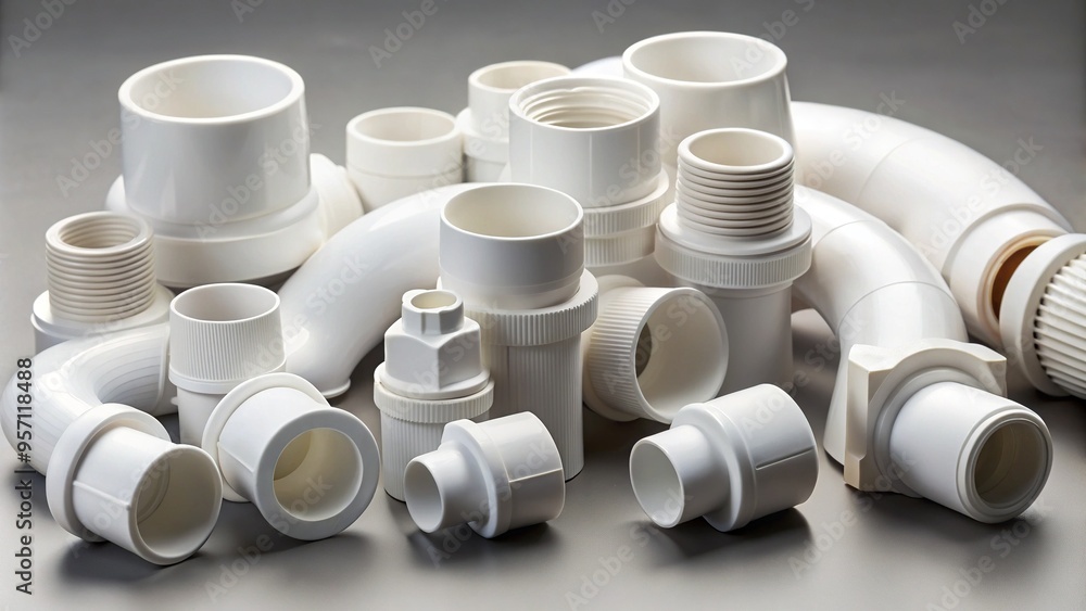 Rigid white plastic pipe fittings, connectors, and elbows designed for ...